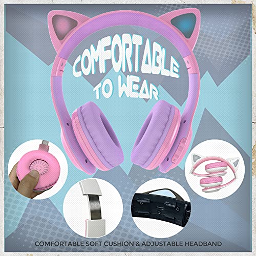 Wireless Bluetooth Headphones for Kids, LED Light Up Over Cat Ear Headphones, Volume Control Comfort Foldable Wireless Headset with Microphone for PC/TV/iPad, Gift for Kids Boys & Girls(Pink&Purple)