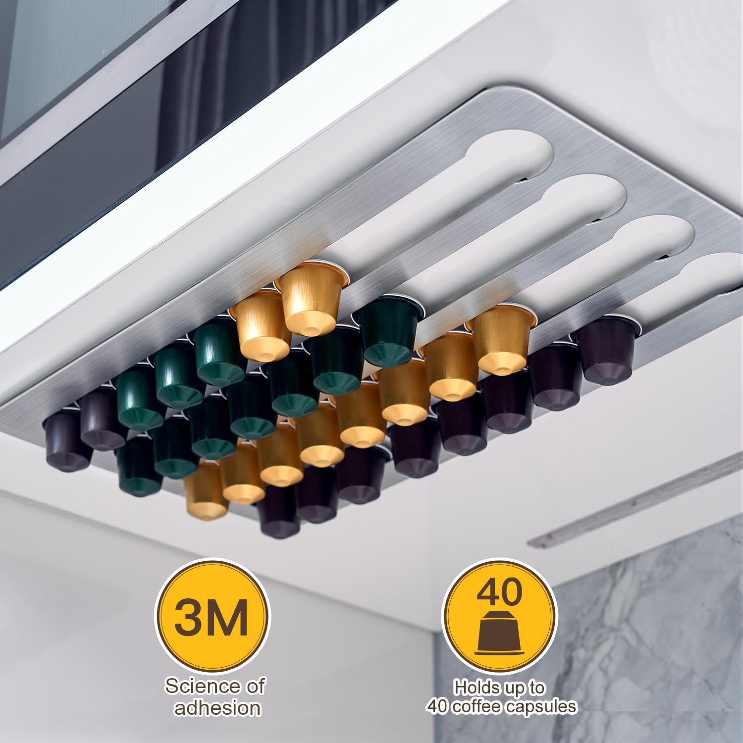 CusieryMax Coffee Pod Holder, Stainless Steel Adhesive 40pcs for Nespresso Original Line Pods, Coffee Pod Organizer Suitable for Kitchen Walls and Cabinets