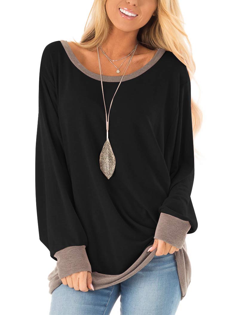 Fallorchid Womens Long Sleeve Tops Crew Neck Tunics Clothes Casual Color Block Sweatshirt A-black
