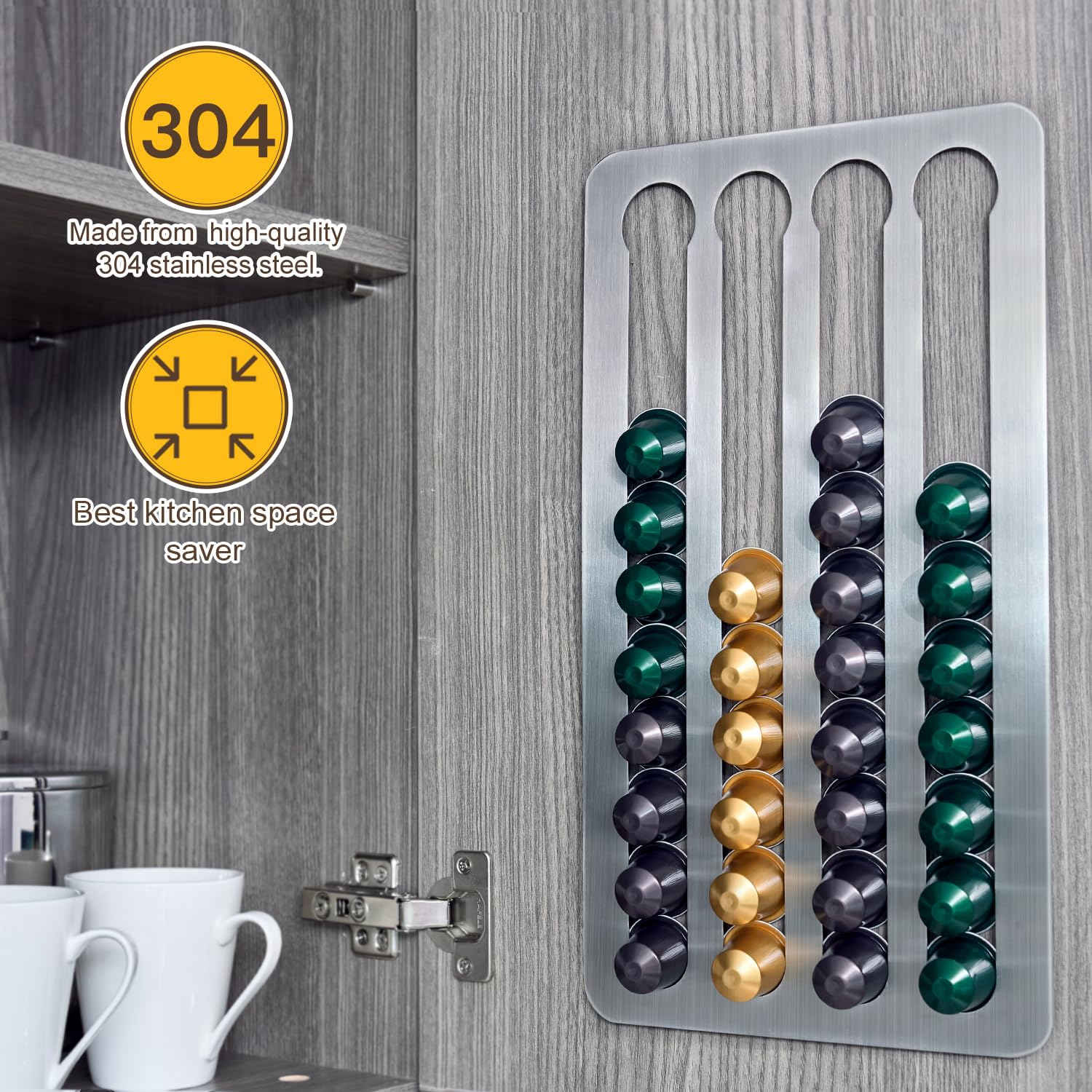 CusieryMax Coffee Pod Holder, Stainless Steel Adhesive 40pcs for Nespresso Original Line Pods, Coffee Pod Organizer Suitable for Kitchen Walls and Cabinets