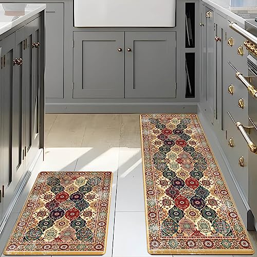 OTOB Kitchen Rugs Set of 2 Anti Fatigue Mats for Kitchen Floor Boho Kitchen Rugs and Mats Non Skid Washable Memory Foam Kitchen Floor Mat Comfort Standing Desk Mat for Front of Sink Laundry