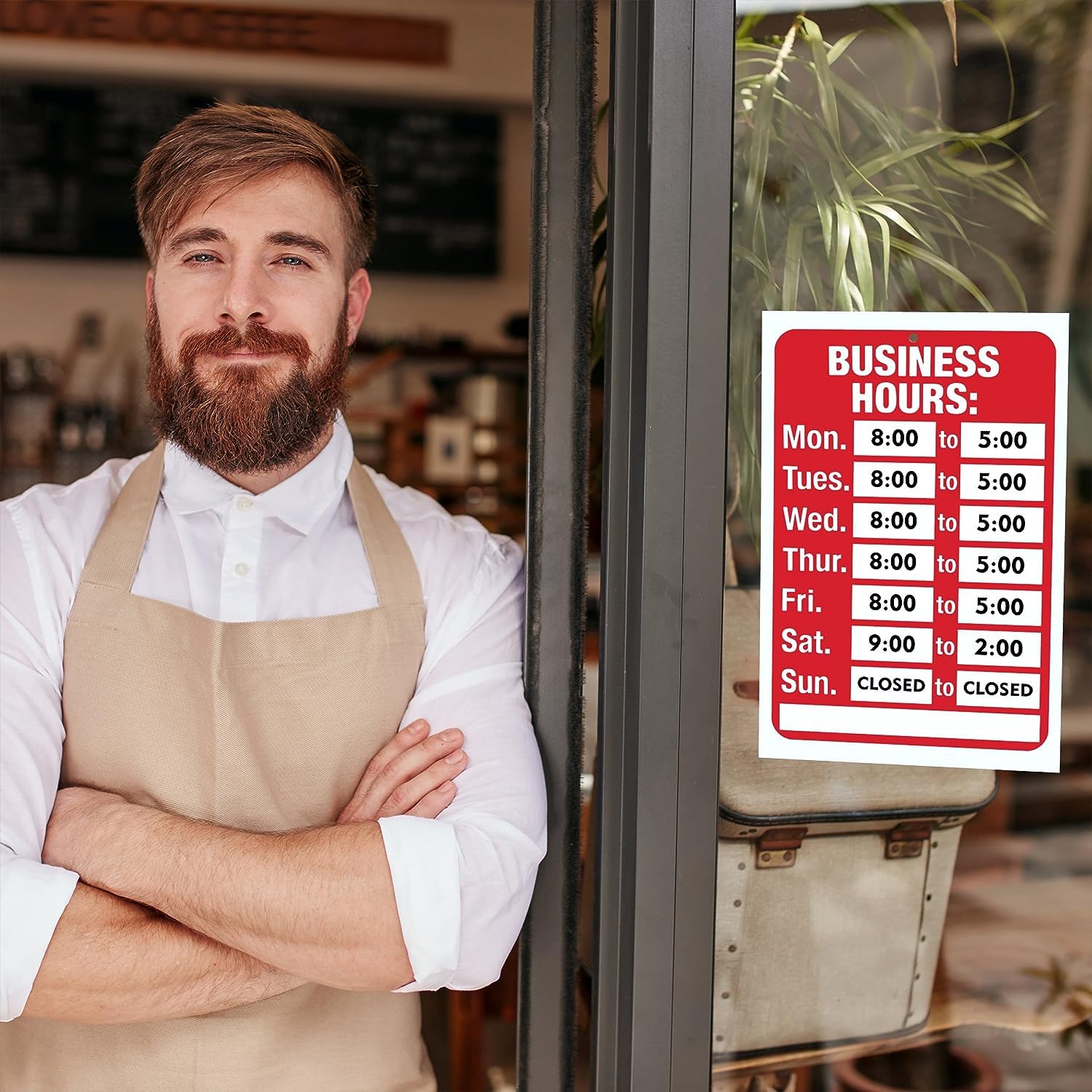 Open Signs, Business Hours Sign Kit - Bright Red and White Colors - 7.7 x 11.7 Inch - Includes 4 Double Sided Adhesive Pads and Black Number Sticker Set - Ideal Hours Of Operation Signs for Business, Store or Office
