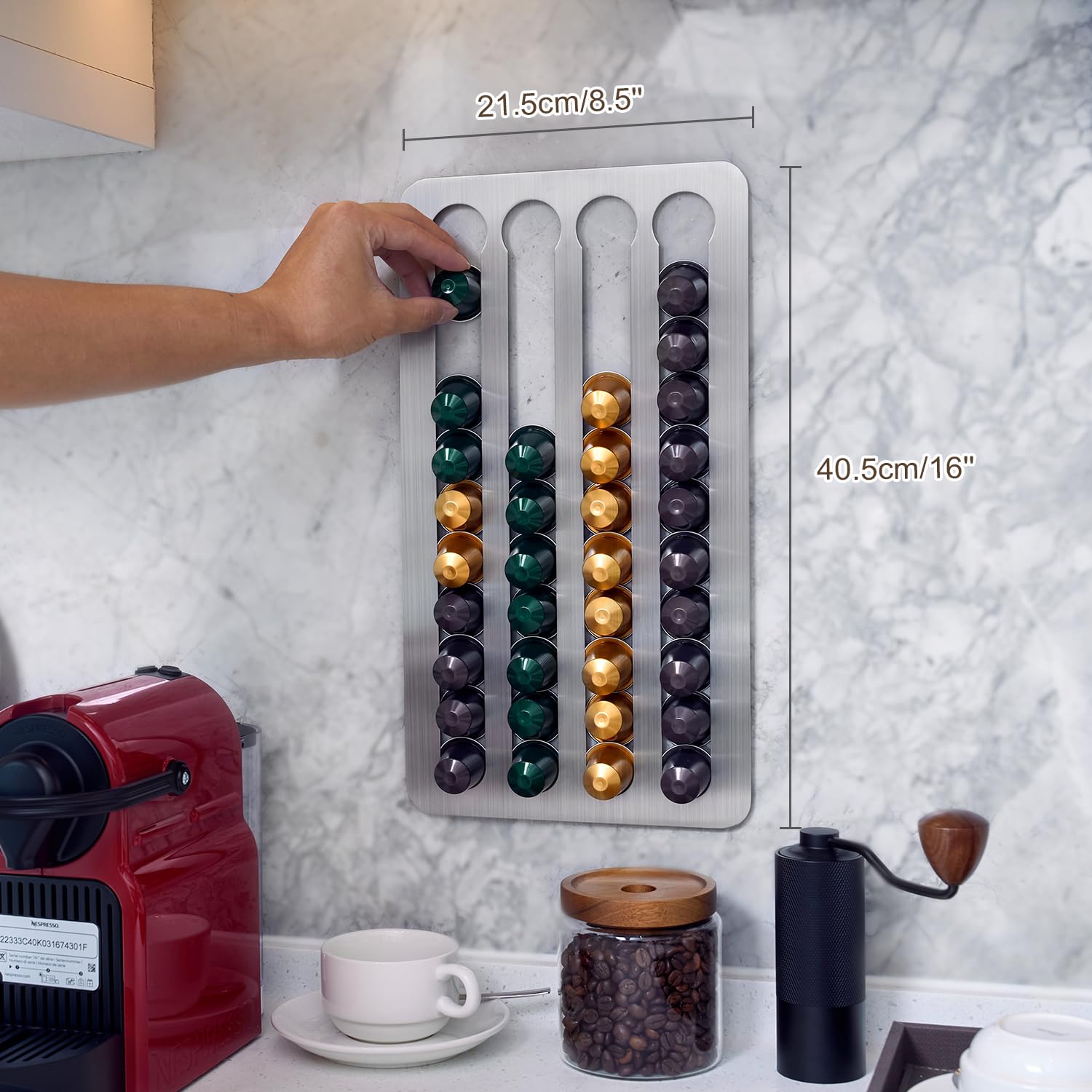 CusieryMax Coffee Pod Holder, Stainless Steel Adhesive 40pcs for Nespresso Original Line Pods, Coffee Pod Organizer Suitable for Kitchen Walls and Cabinets