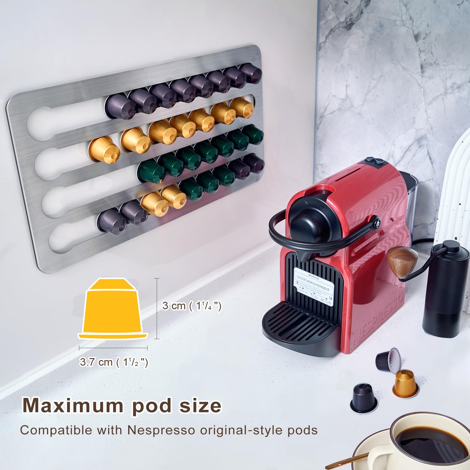 CusieryMax Coffee Pod Holder, Stainless Steel Adhesive 40pcs for Nespresso Original Line Pods, Coffee Pod Organizer Suitable for Kitchen Walls and Cabinets