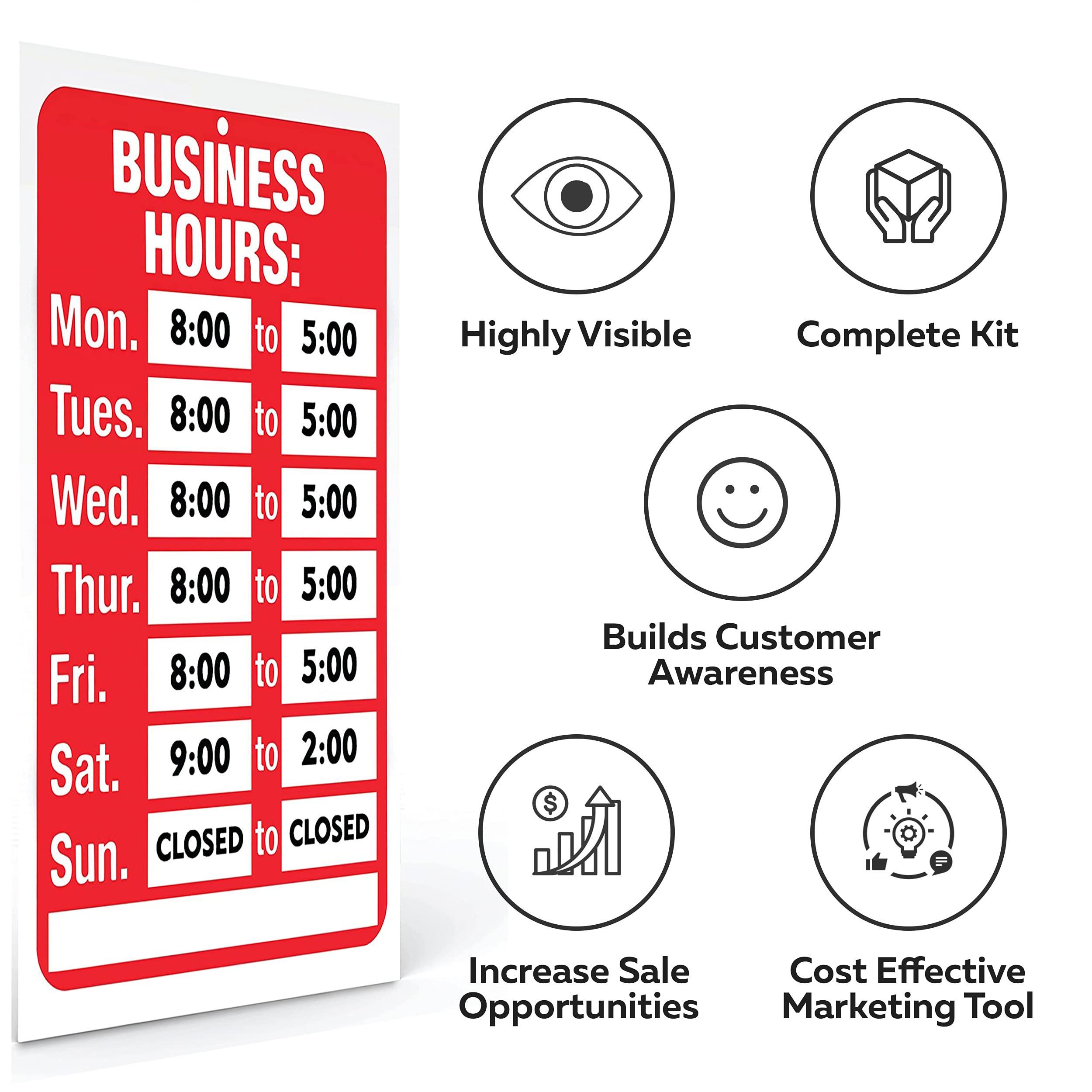 Open Signs, Business Hours Sign Kit - Bright Red and White Colors - 7.7 x 11.7 Inch - Includes 4 Double Sided Adhesive Pads and Black Number Sticker Set - Ideal Hours Of Operation Signs for Business, Store or Office