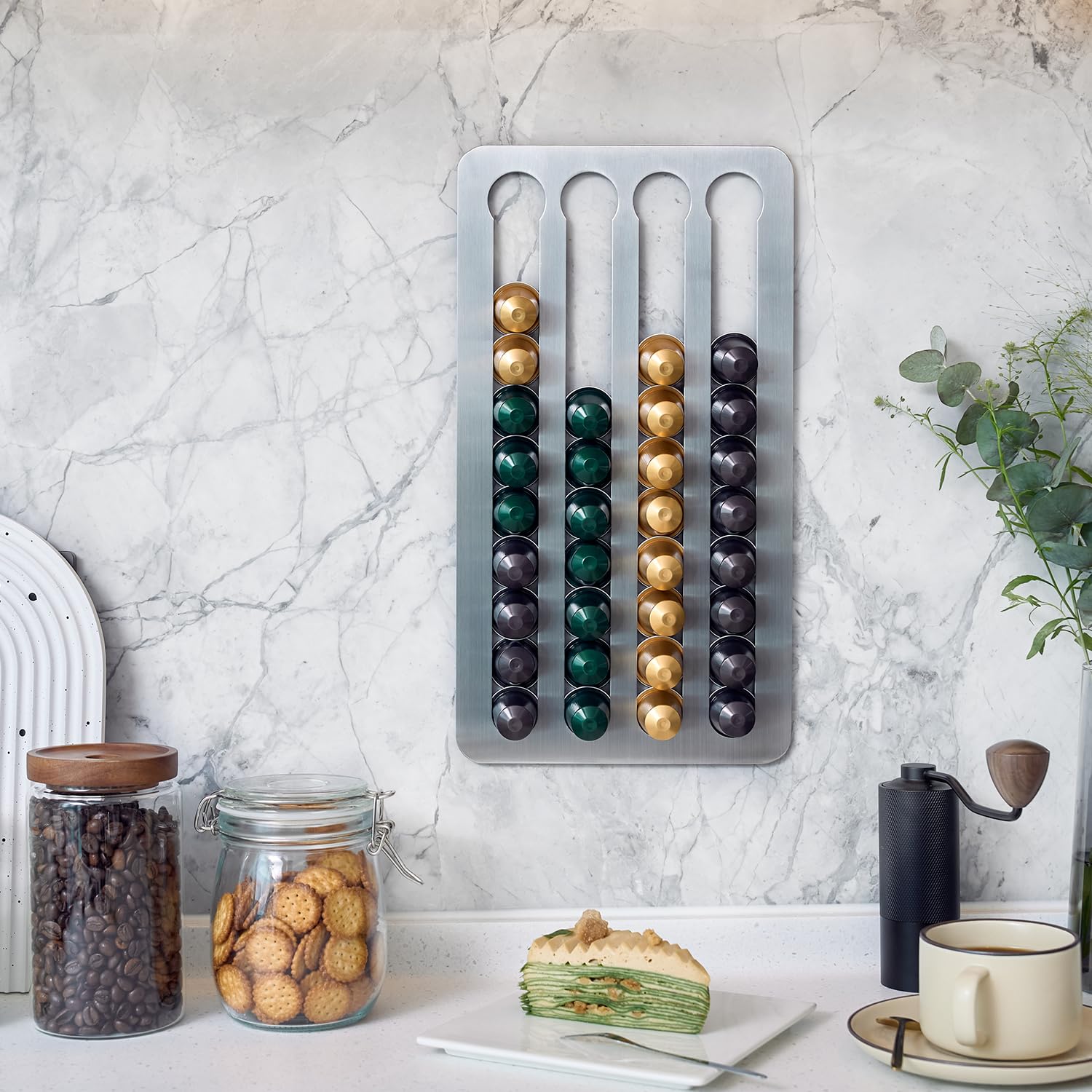 CusieryMax Coffee Pod Holder, Stainless Steel Adhesive 40pcs for Nespresso Original Line Pods, Coffee Pod Organizer Suitable for Kitchen Walls and Cabinets