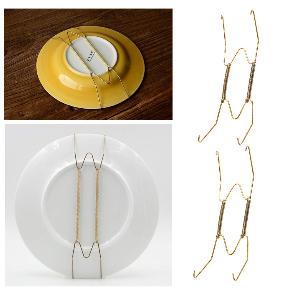 FOCCTS 10 Pack Plate Hangers, 8 Inch Wall Plate Hangers and 15 Pack Wall Hooks, Invisible Display Hanger Brass Coated Holds 7.5" to 8.8" Plates
