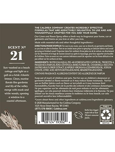 Caldrea Linen And Room Spray Air Freshener, Made With Essential Oils, Plant-Derived And Other Thoughtfully Chosen Ingredients, Rosewater Driftwood Scent, 16 Oz