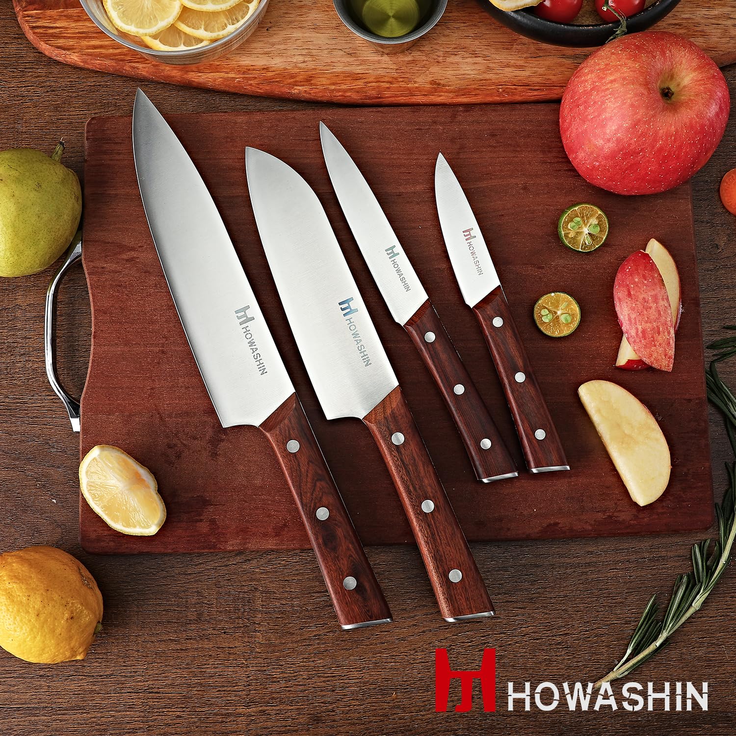 Howashin 4Pcs Chef Knife Set,Germen High Carbon Stainless Steel Kitchen Knife Set,Professional Knife Set Natural Wood Full Handle Tang With Gife-Box