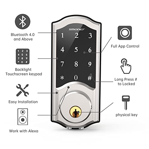 Smart Deadbolt, SMONET Front Door Lock Keyless Entry, Bluetooth Electronic Touchscreen Keypad, Physical Keys, Auto Lock, Remote Control, Send eKey, Airbnb, Apartment