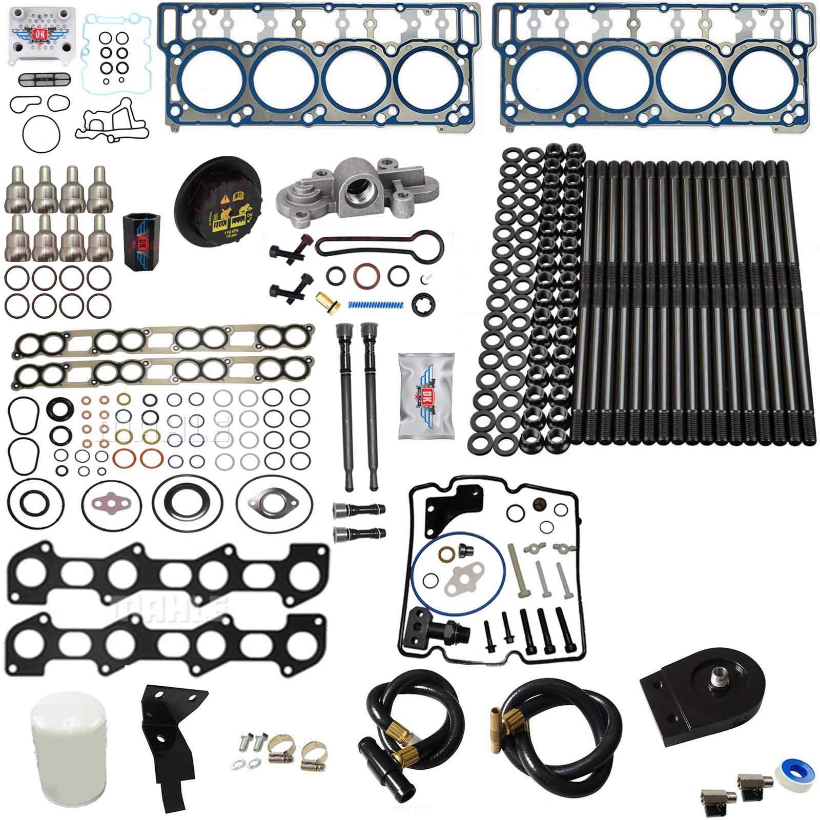 6.0L Revive #4 Kit w/Aftermarket Studs OE Head Gaskets Oil Cooler Stand Pipes Coolant Filtration Blue Spring Gskts STC - Fits Ford 6.0L Powerstroke Kit - 03-05.5 18MM Dowel - DK Engine Parts (18-4R)