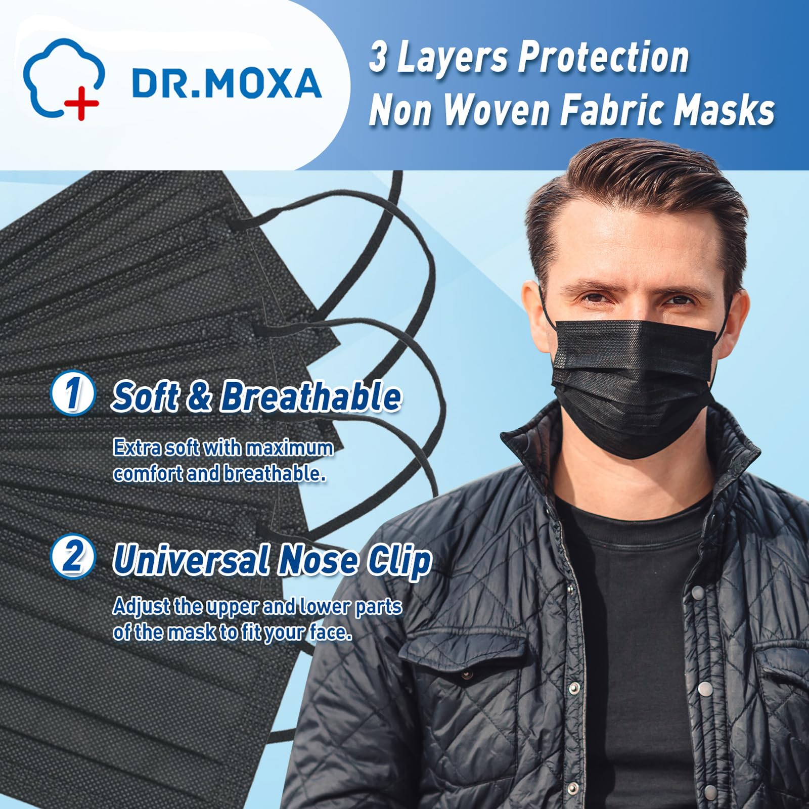 100Pcs Medical Grade Black Disposable Face Masks -3 Ply Face Mask for Adults -USA Made Masks, Comfortable,Soft, Breathable