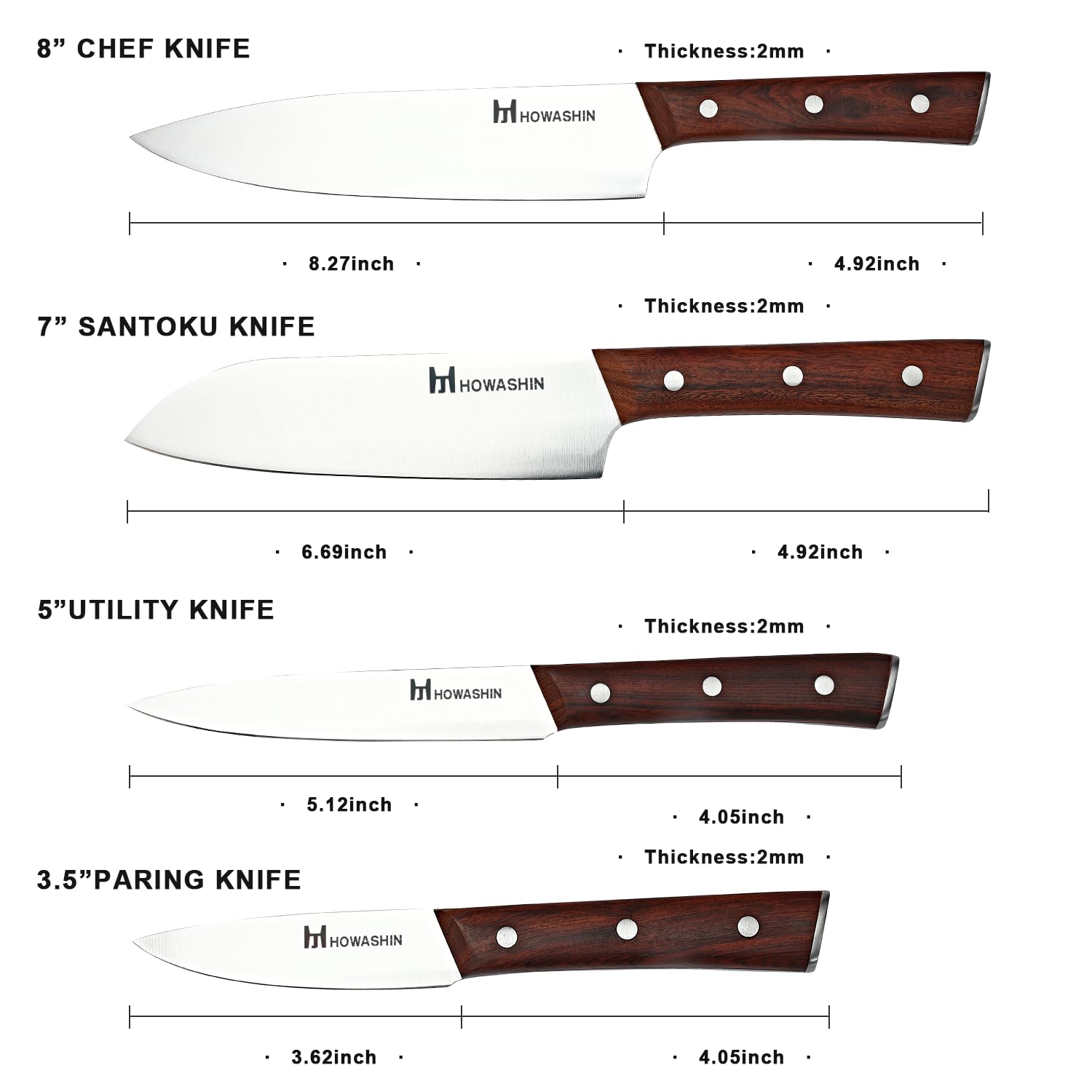 Howashin 4Pcs Chef Knife Set,Germen High Carbon Stainless Steel Kitchen Knife Set,Professional Knife Set Natural Wood Full Handle Tang With Gife-Box