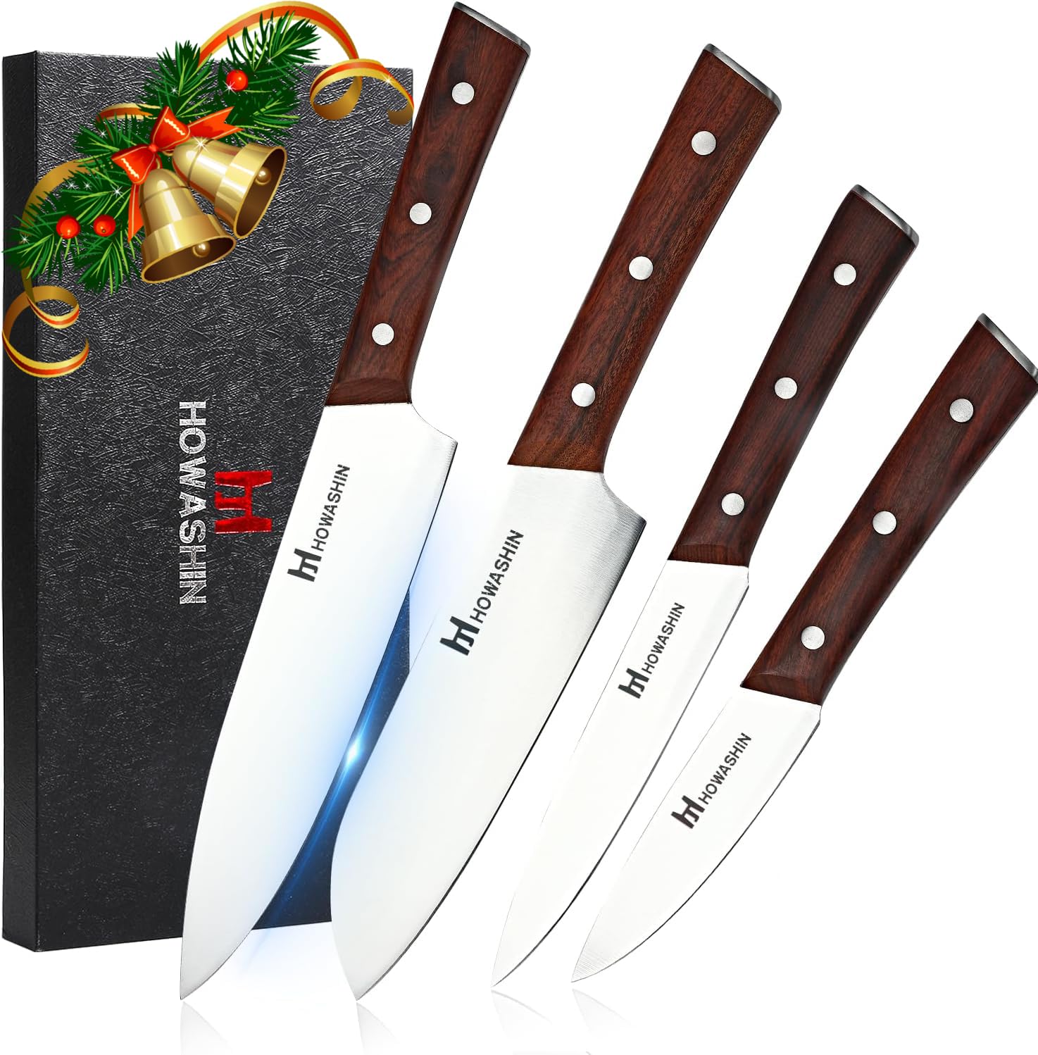 Howashin 4Pcs Chef Knife Set,Germen High Carbon Stainless Steel Kitchen Knife Set,Professional Knife Set Natural Wood Full Handle Tang With Gife-Box