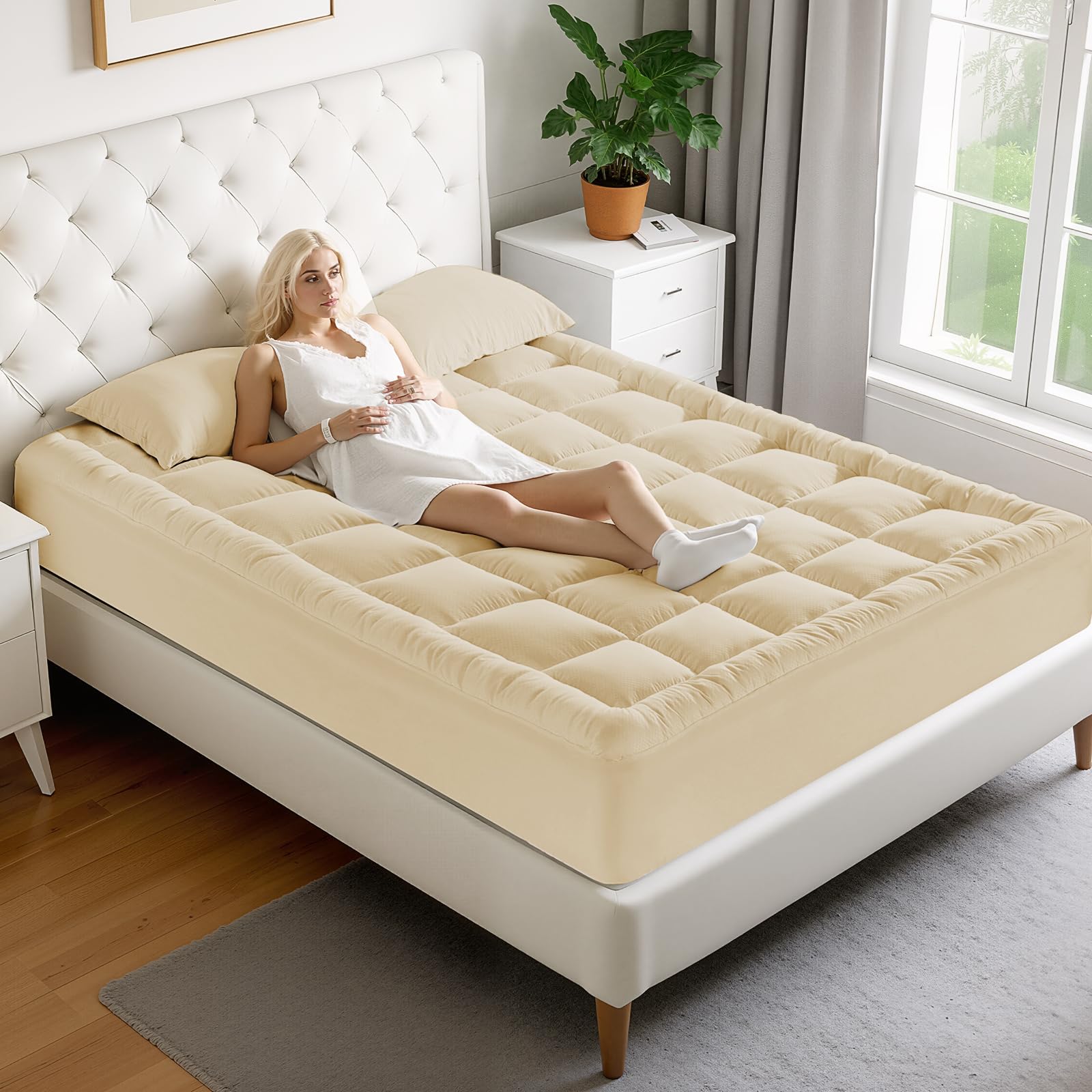 MATBEBY Queen Size Mattress Pad - Cooling Breathable Mattress Topper, Quilted Fitted Mattress Protector, Pillow Top Mattress Cover with 8-21" Deep Pocket, Soft, Machine Washable, Beige, 60x80 Inches