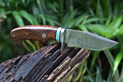TIGEROUS Handmade Damascus Hunting Knife with Scout Horizontal Carry Leather Sheath Fixed Blade Full Tang for Camping, Hiking, Skinning,Survival (Deer Hunter) (Apo)