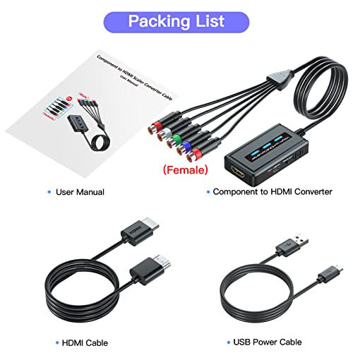 Female Component to HDMI Converter with Scaler Function for PS2/ NGC/ Xbox/ Wii with Male Component, RGB to HDMI Scaler Converter with HDMI and Integrated Component Cables, YPbPr to HDMI Converterā¦