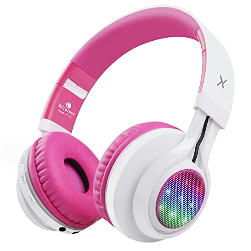 2 Packs Riwbox WT-7S Kids Headphones Wireless, Foldable Stereo Bluetooth Headset with Mic Compatible with PC/Laptop/Tablet/iPad Pink&White