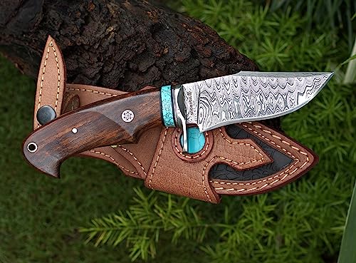 TIGEROUS Handmade Damascus Hunting Knife with Scout Horizontal Carry Leather Sheath Fixed Blade Full Tang for Camping, Hiking, Skinning,Survival (Deer Hunter) (Apo)