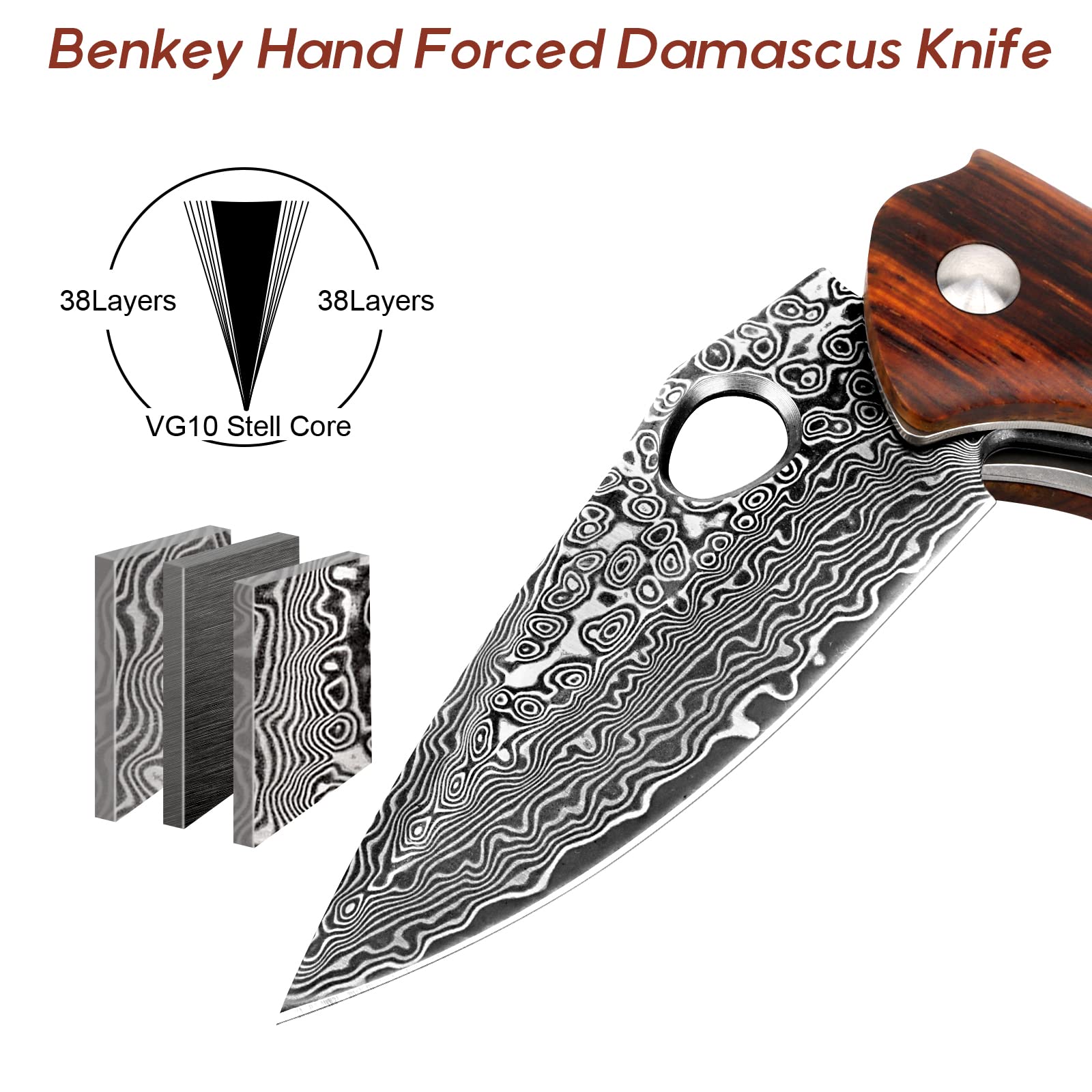 Benkey Damascus Folding Knife, Sharp VG10 Core Damascus Steel Pocket Knives with Natural Wood Handle, Quality Leather Sheath, Ball Bearing, Liner Lock, Lightweight Pocket Knife for EDC Men Women