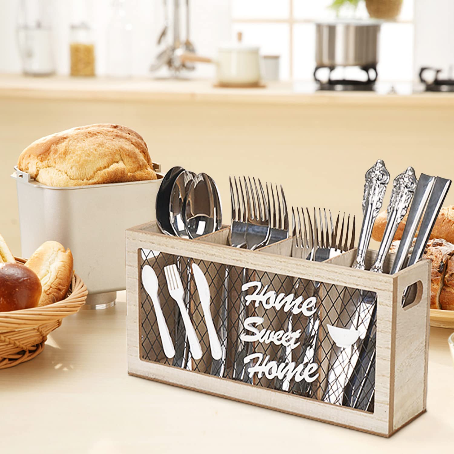Wooden Silverware Holder , 4 Compartments Kitchen Utensil Holder for Countertop,Rustic Spoon Holder Kitchen Tools Storage Caddy Decoroon Holder Kitchen Tools Storage Caddy Decor,11.6”W x 3.2”D x 6”H