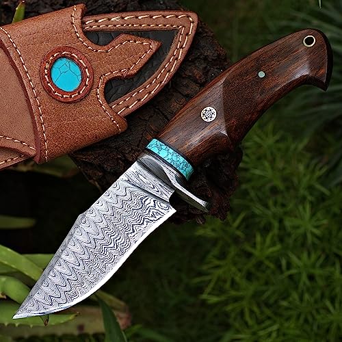 TIGEROUS Handmade Damascus Hunting Knife with Scout Horizontal Carry Leather Sheath Fixed Blade Full Tang for Camping, Hiking, Skinning,Survival (Deer Hunter) (Apo)