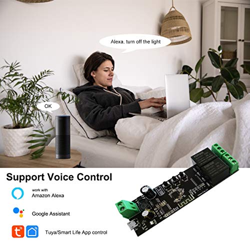 2 Channel WiFi Momentary Inching Relay Self-Locking Switch Module Smart Life/Tuya APP Control WiFi Relay Module for Garage Door Opener, DC 7-32V WiFi Relay Switch Compatible with Alexa Goolge Home