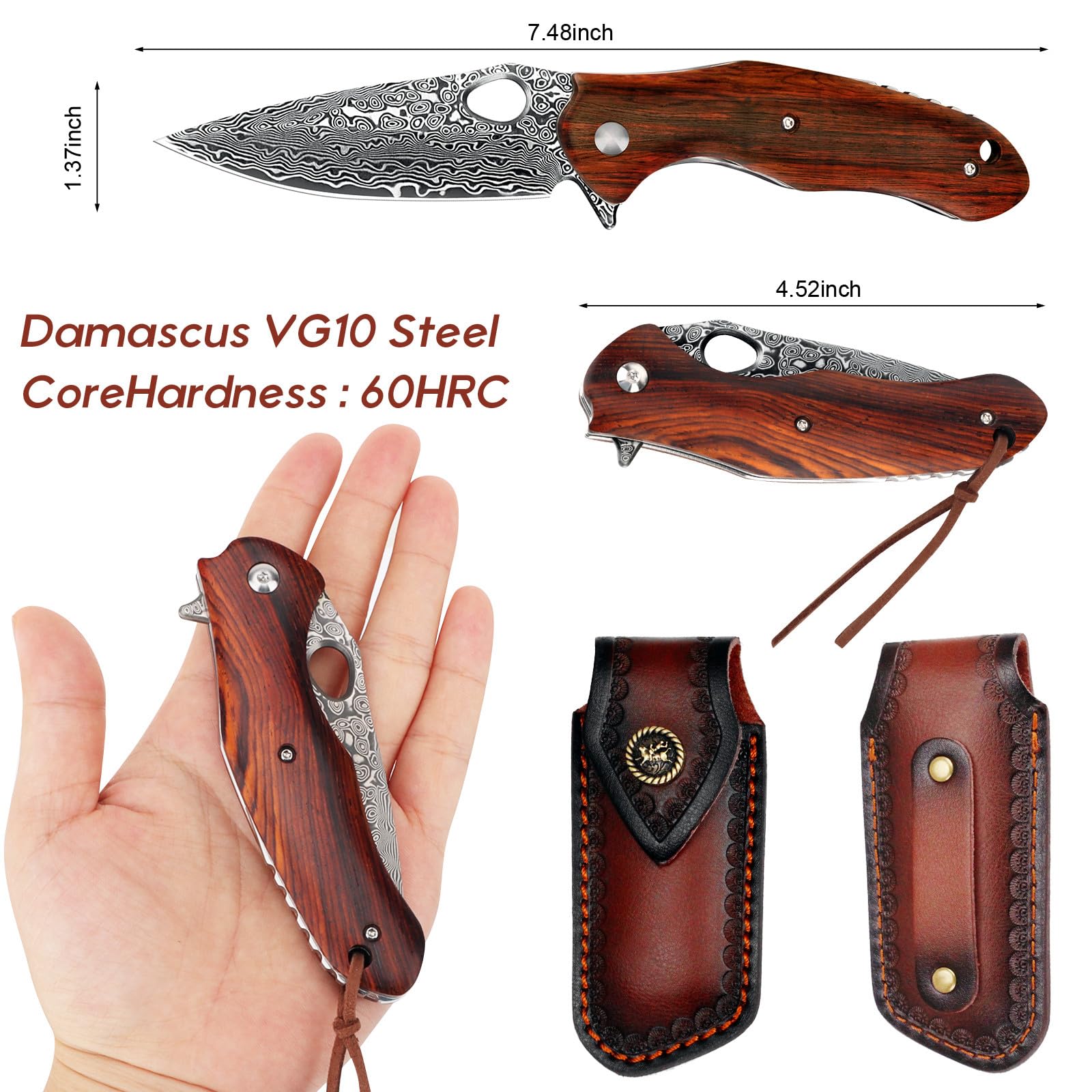 Benkey Damascus Folding Knife, Sharp VG10 Core Damascus Steel Pocket Knives with Natural Wood Handle, Quality Leather Sheath, Ball Bearing, Liner Lock, Lightweight Pocket Knife for EDC Men Women