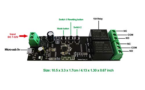 2 Channel WiFi Momentary Inching Relay Self-Locking Switch Module Smart Life/Tuya APP Control WiFi Relay Module for Garage Door Opener, DC 7-32V WiFi Relay Switch Compatible with Alexa Goolge Home