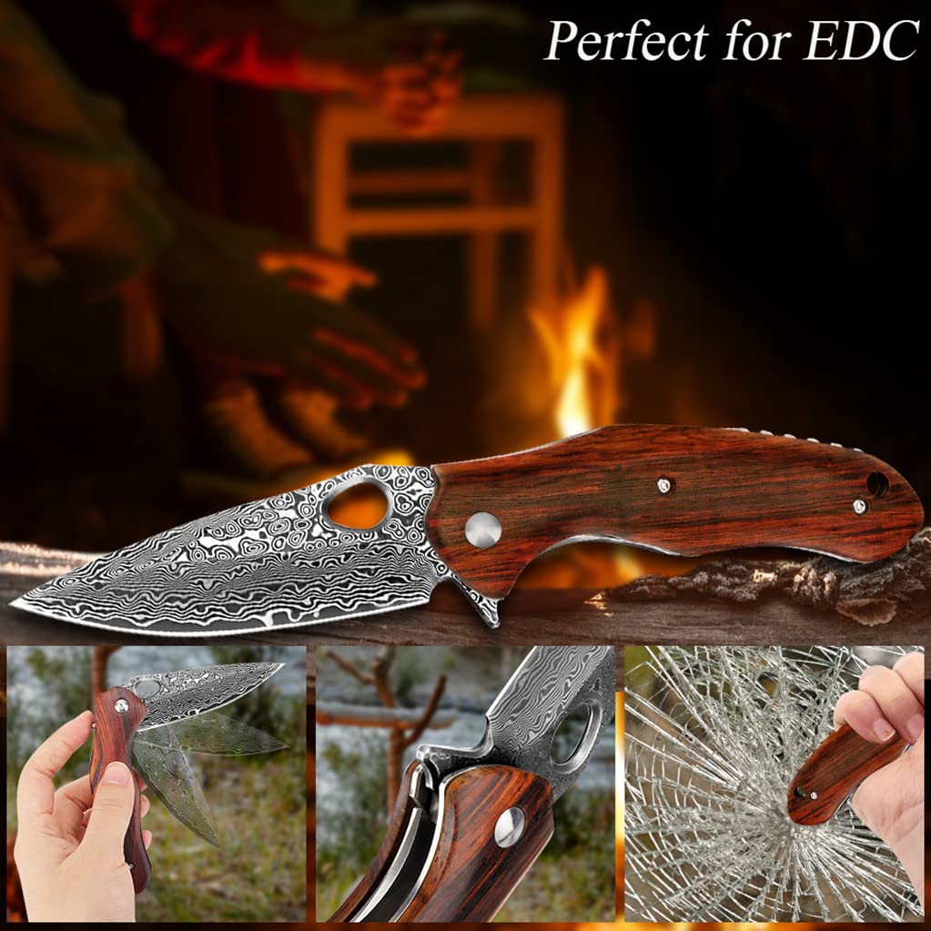 Benkey Damascus Folding Knife, Sharp VG10 Core Damascus Steel Pocket Knives with Natural Wood Handle, Quality Leather Sheath, Ball Bearing, Liner Lock, Lightweight Pocket Knife for EDC Men Women