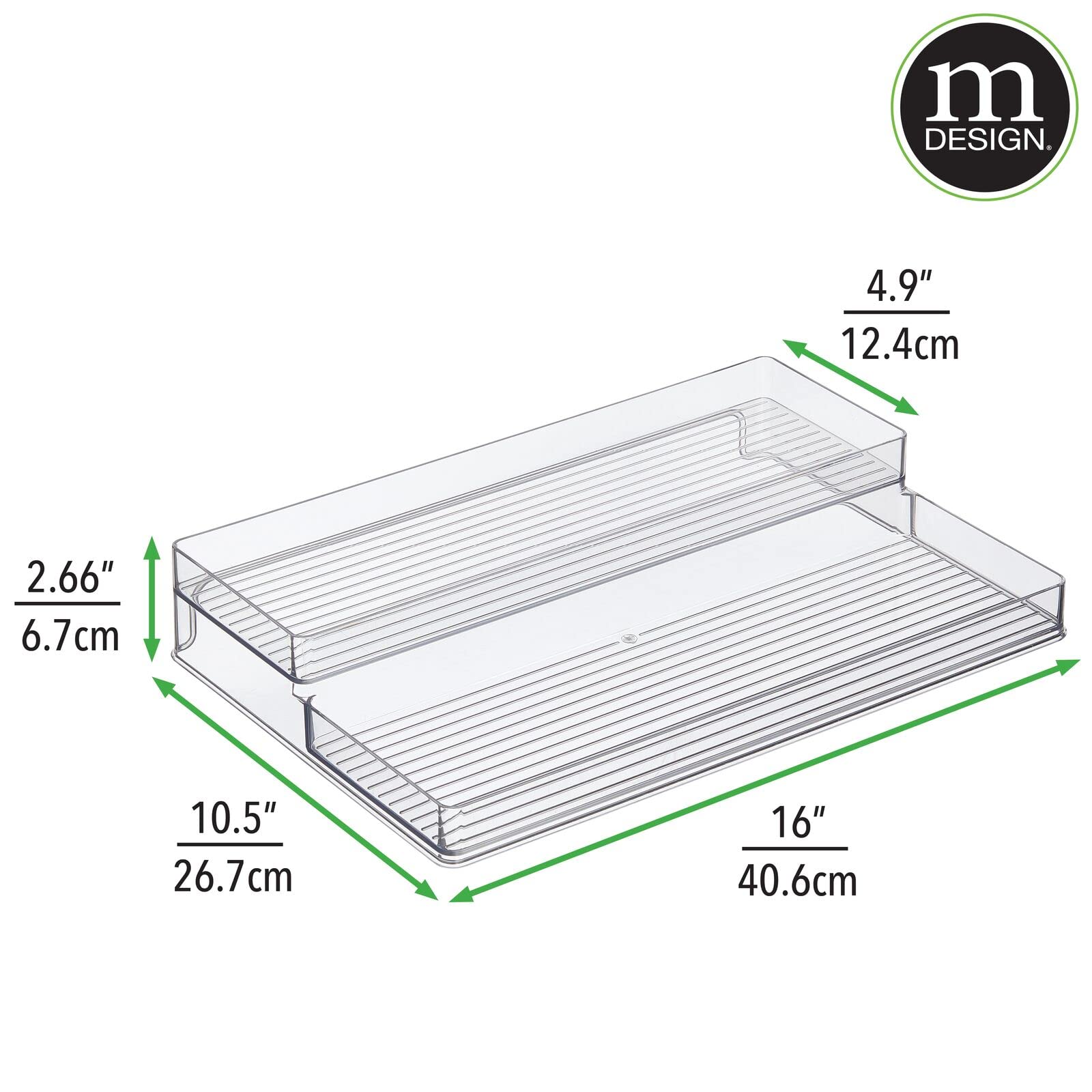 mDesign Plastic Kitchen Food Storage Organizer 2-Tiered Shelves, Spice Holder Rack Steps for Cabinet, Cupboard, Counter, Pantry - Holds Seasoning, Canned Food, Condiments - Ligne Collection - Clear
