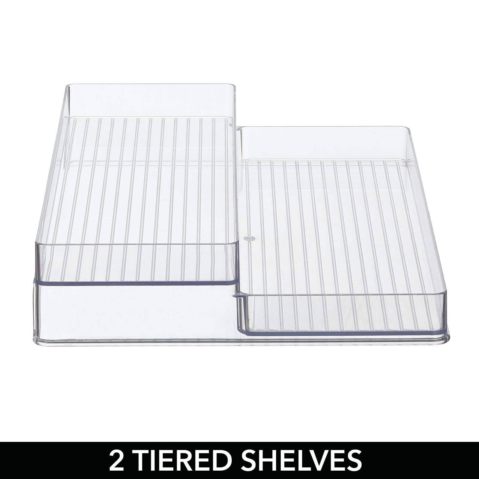 mDesign Plastic Kitchen Food Storage Organizer 2-Tiered Shelves, Spice Holder Rack Steps for Cabinet, Cupboard, Counter, Pantry - Holds Seasoning, Canned Food, Condiments - Ligne Collection - Clear