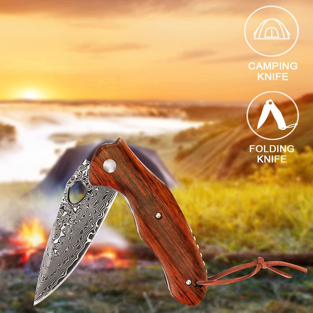 Benkey Damascus Folding Knife, Sharp VG10 Core Damascus Steel Pocket Knives with Natural Wood Handle, Quality Leather Sheath, Ball Bearing, Liner Lock, Lightweight Pocket Knife for EDC Men Women