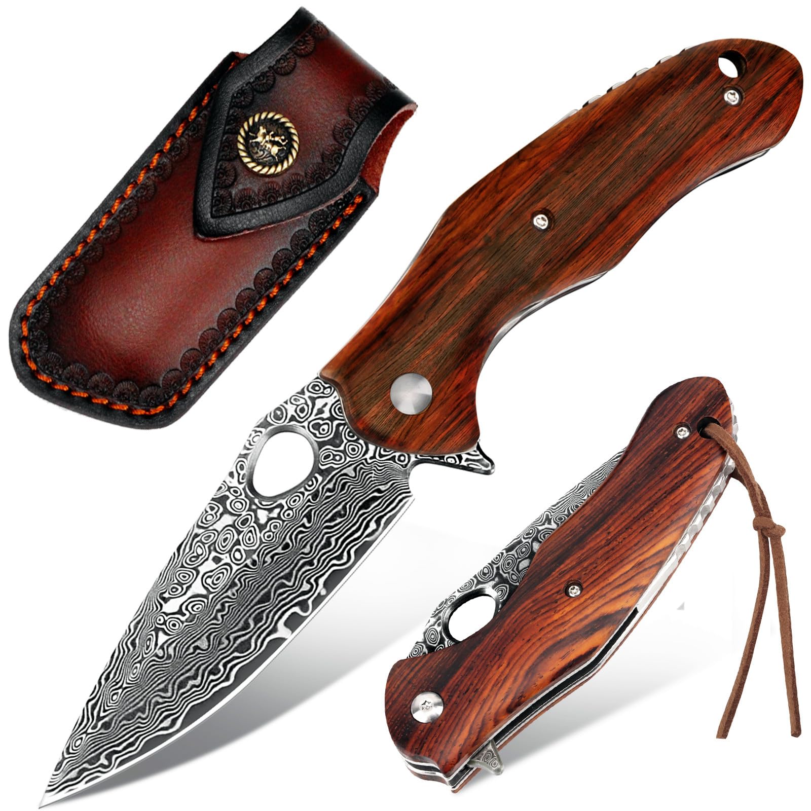 Benkey Damascus Folding Knife, Sharp VG10 Core Damascus Steel Pocket Knives with Natural Wood Handle, Quality Leather Sheath, Ball Bearing, Liner Lock, Lightweight Pocket Knife for EDC Men Women