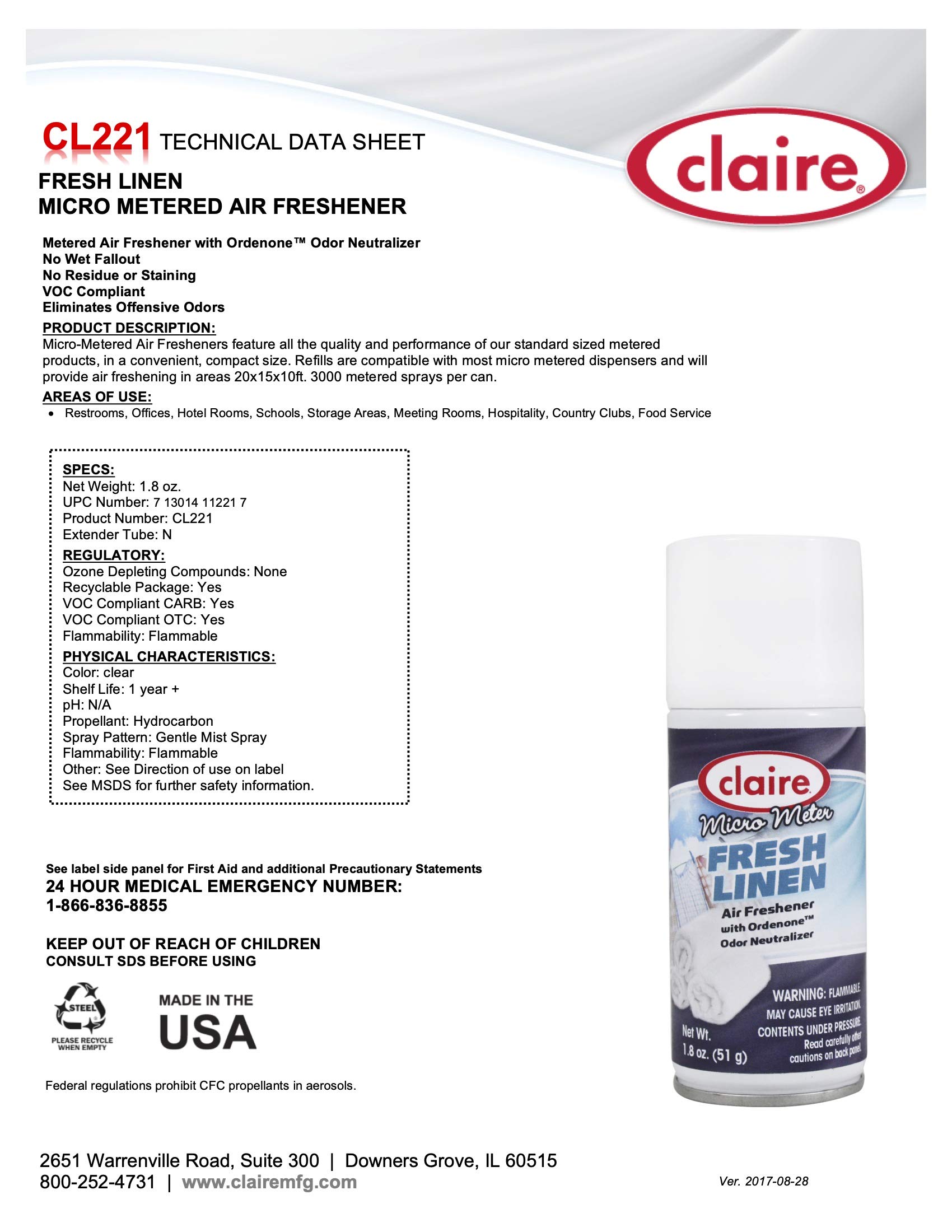 Claire CL221-12pk Fresh Linen Micro Metered Air Freshener; 1.8 Oz. Net Wt., 12 Count