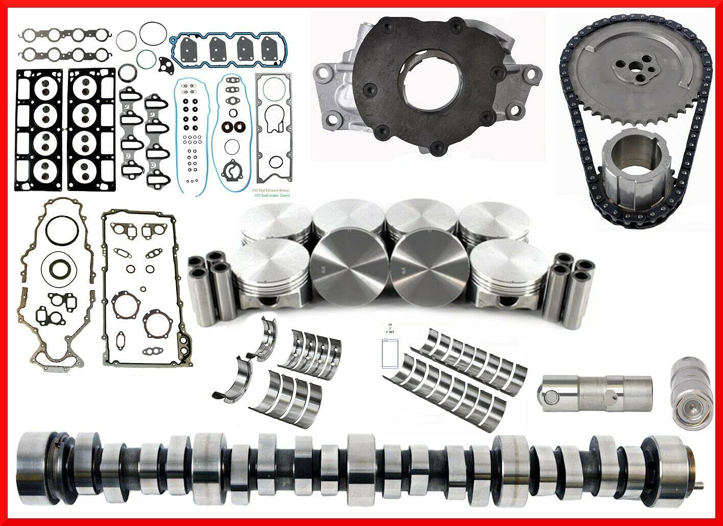 2010-2015 5.3L 4.8L High Performance Engine Rebuild Kit | E-1840-P Stage 2 Sloppy HP Camshaft | Flat Top Pistons | Compatible with Chevrolet LS 325 5.3L 5.3 4.8L | LS4 LH8 LH9 LMF LY5 LC9 LY2 L20