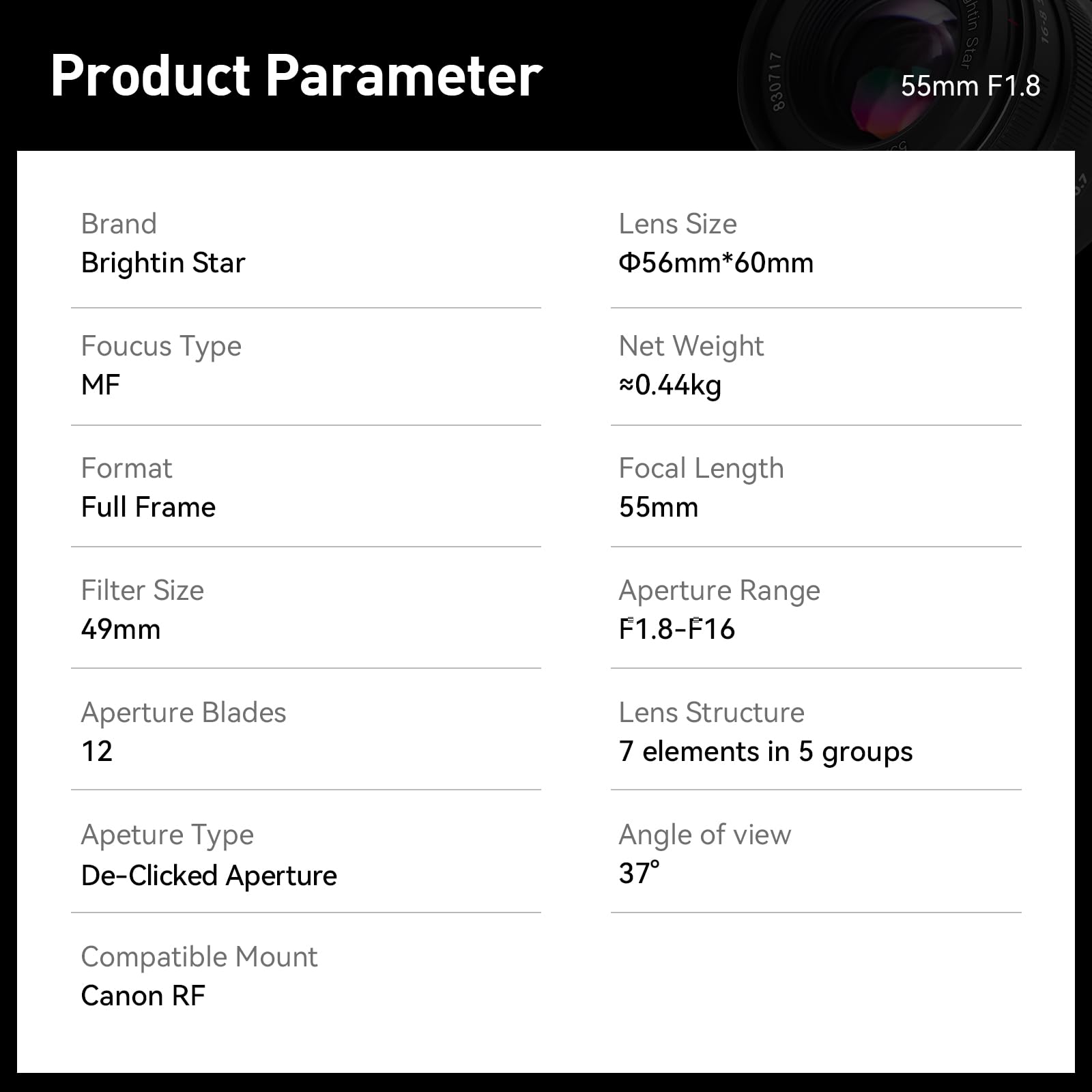 Brightin Star 55mm F1.8 Full Frame Manual Focus MF Large Aperture Prime Standard Fixed Focal Lens, Fit for Canon RF-Mount EOS-RP, EOS-R, EOS-R5, EOS R7, EOS-R6, EOS-R3, EOS-R10
