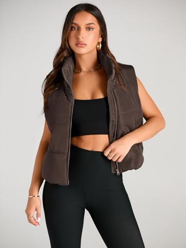 AUTOMET Puffer Vest Women Sleeveless Winter Cropped Outerwear Warm Puffer Lightweight Stand-up Collar Down with Pockets Coffee M