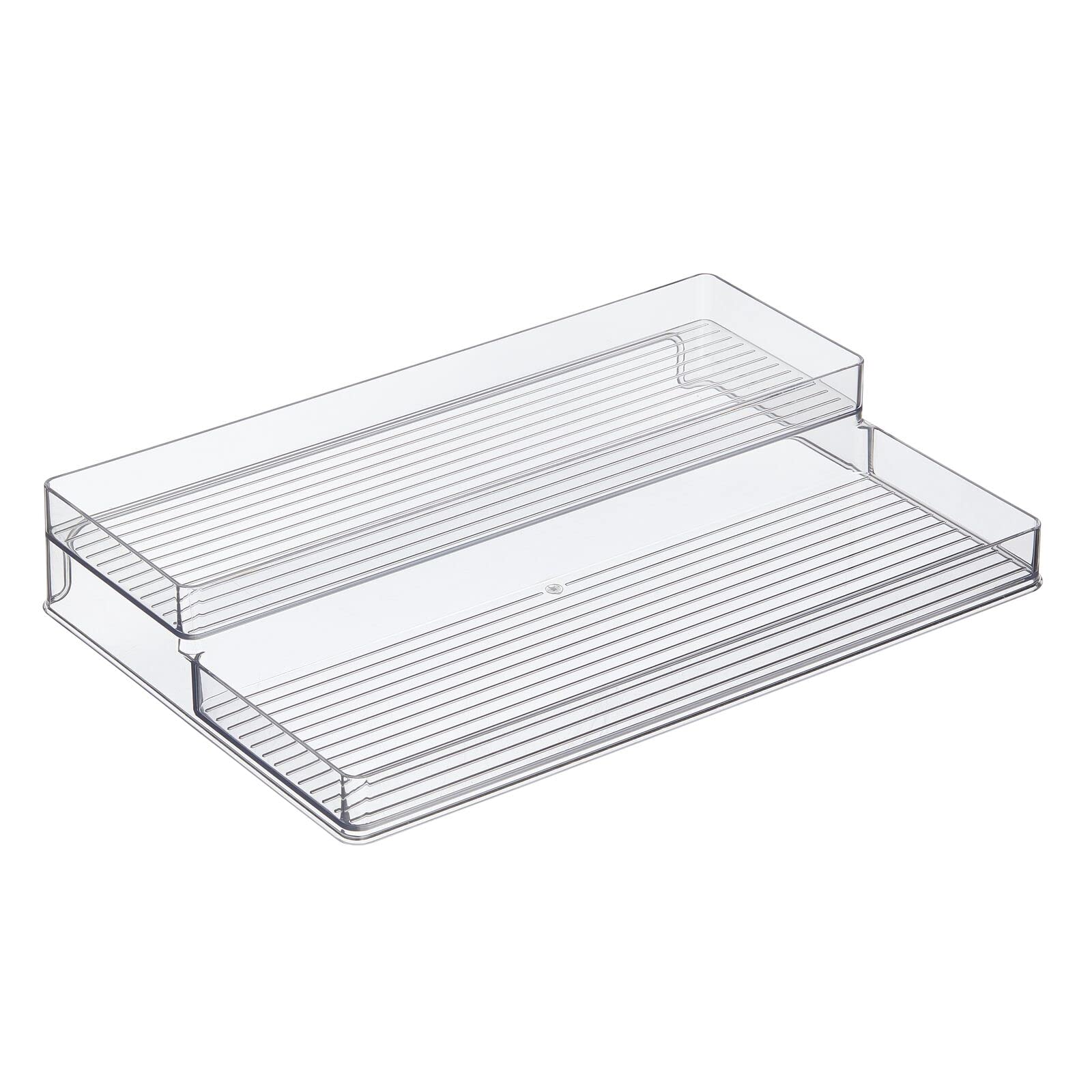 mDesign Plastic Kitchen Food Storage Organizer 2-Tiered Shelves, Spice Holder Rack Steps for Cabinet, Cupboard, Counter, Pantry - Holds Seasoning, Canned Food, Condiments - Ligne Collection - Clear