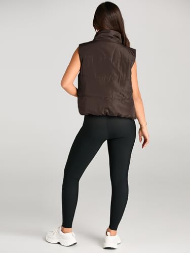 AUTOMET Puffer Vest Women Sleeveless Winter Cropped Outerwear Warm Puffer Lightweight Stand-up Collar Down with Pockets Coffee M