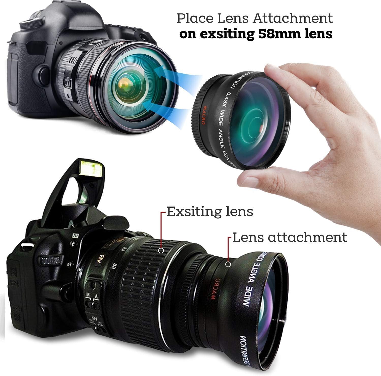 Wide Angle Lens + Zoom Lens + Tripod +Flash KIT for Canon EOS Rebel T5 T6 T7 T3 (58MM)
