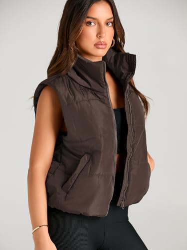 AUTOMET Puffer Vest Women Sleeveless Winter Cropped Outerwear Warm Puffer Lightweight Stand-up Collar Down with Pockets Coffee M