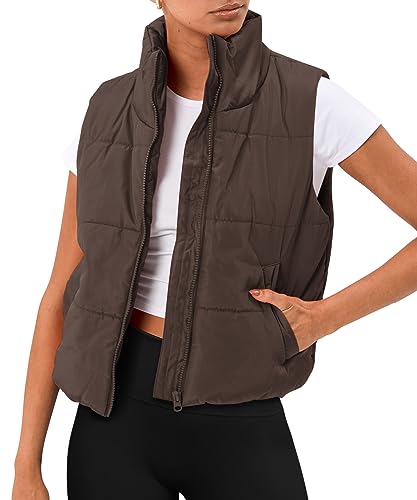 AUTOMET Puffer Vest Women Sleeveless Winter Cropped Outerwear Warm Puffer Lightweight Stand-up Collar Down with Pockets Coffee M