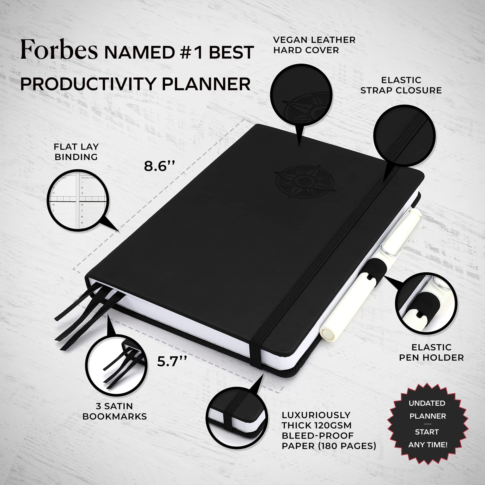 Smart Planner Pro β Small 8.6 x 5.7 inches (A5) β Undated Agenda Daily Planner β Tested & Proven to Achieve Goals & Increase Productivity, Time Management & Happiness with Weekly, Monthly, Gratitude Sections, Back Pocket (Black)