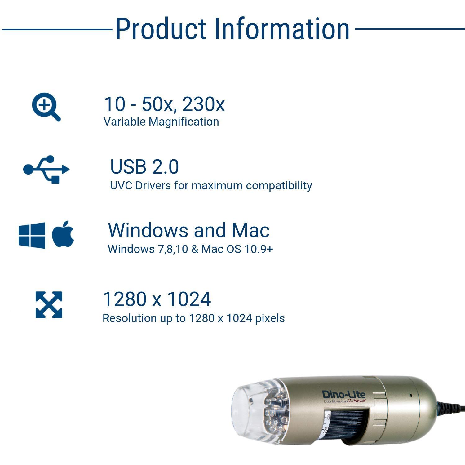 Dino-Lite USB Digital Microscope AM4111T - 1.3MP, 10x - 50x, 220x Optical Magnification, Microtouch