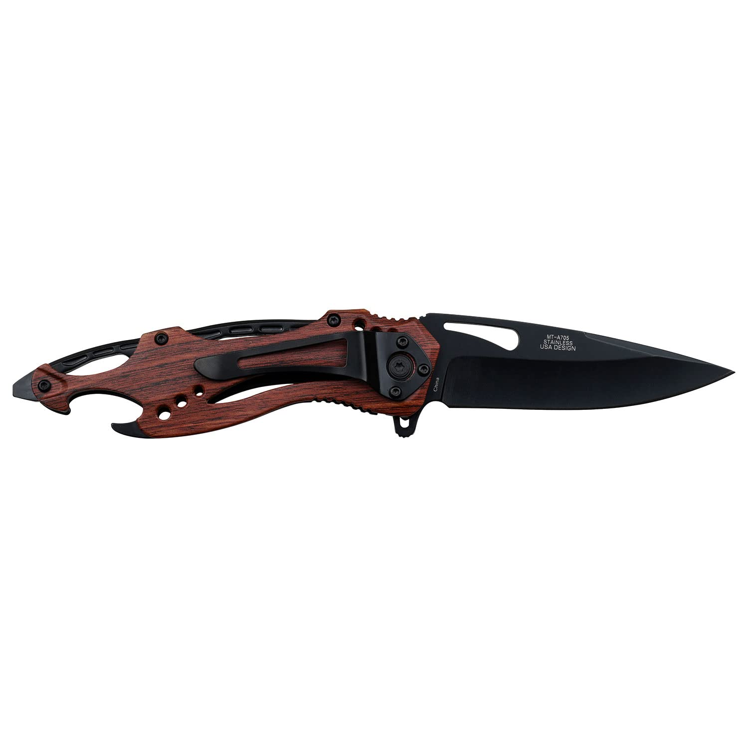 MTECH USA – Spring Assisted Folding Knife – Fine Edge Black Stainless Steel Blade, Brown Wood Handle, Pocket Clip, Tactical, EDC, Self Defense- MT-A705WD, 4.5-inch Closed