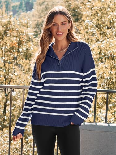 LILLUSORY Women's Quarter Zip Striped Oversized Sweater 2025 Mock Turtleneck Fall Fashion Outfit NavyBlue-White S