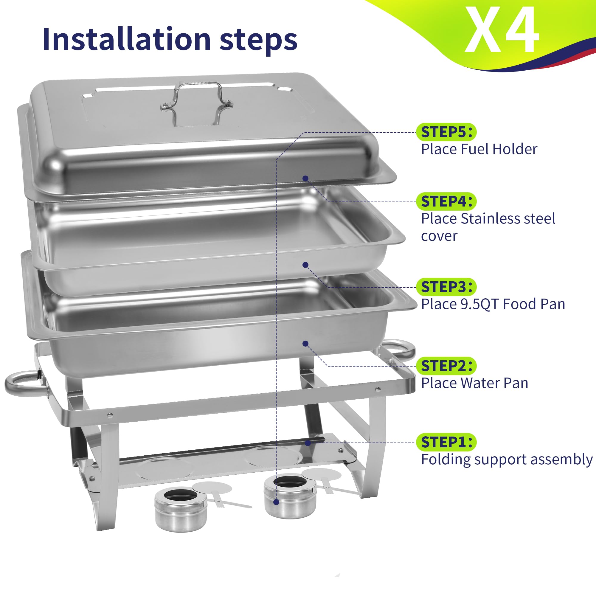 STEELUS 4 Pack Chafing Dish Set with Full Size Food Pan, Stainless Steel Chafer Food Warmer, Complete Set
