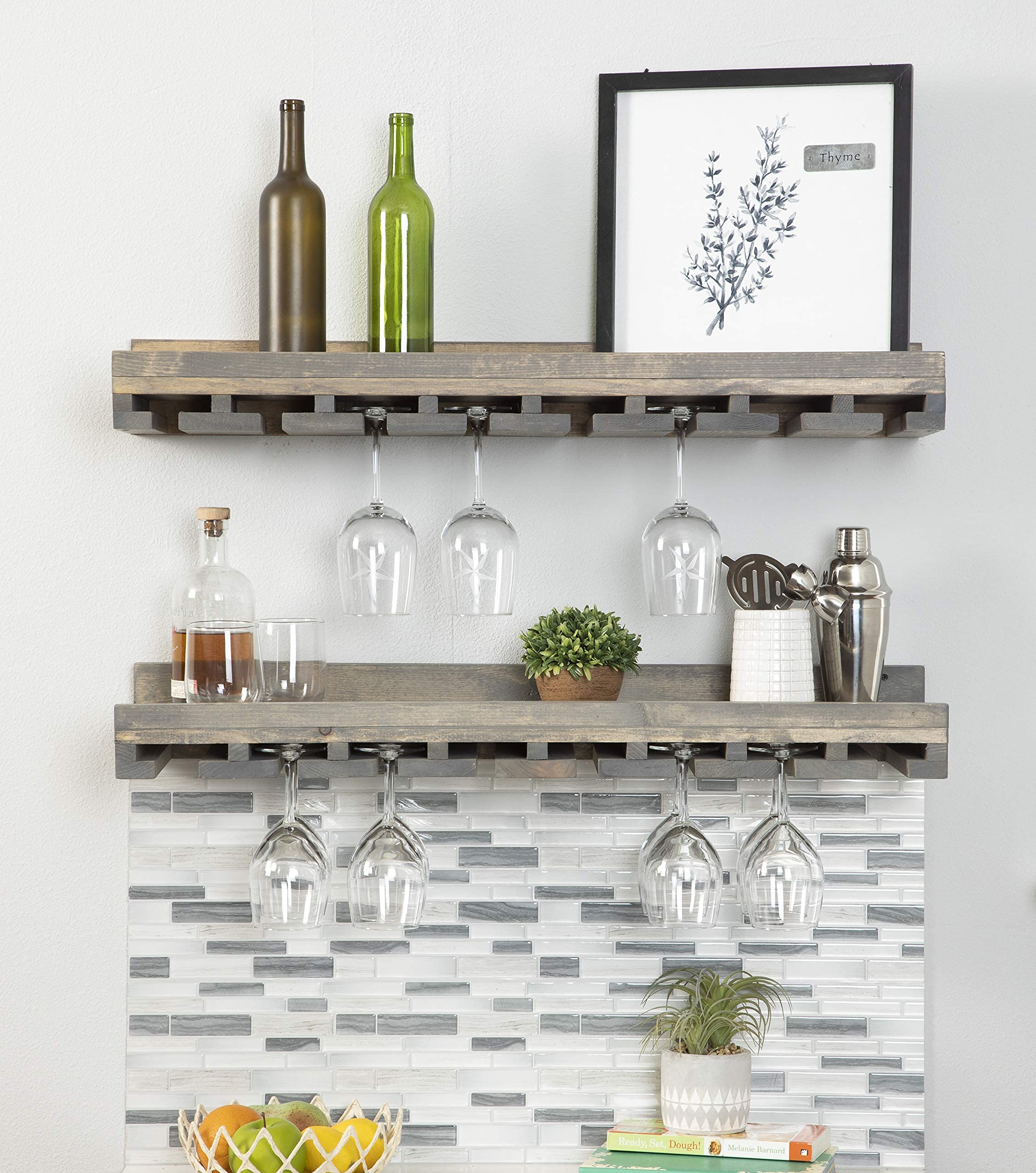 del Hutson Designs Rustic Luxe 36 Inch Farmhouse Solid Natural Pine Wood Wall Mounted Handmade Wine Glass Stemware Holder Rack, Set of 2, Grey