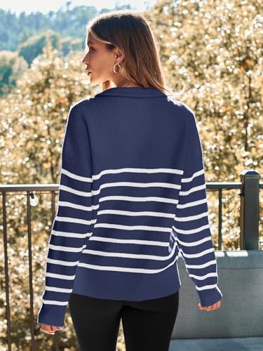 LILLUSORY Women's Quarter Zip Striped Oversized Sweater 2025 Mock Turtleneck Fall Fashion Outfit NavyBlue-White S